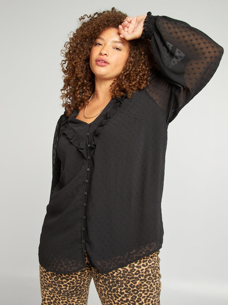 Blusa a ponto cheio e com folhos - Preto - Kiabi - 20.00€