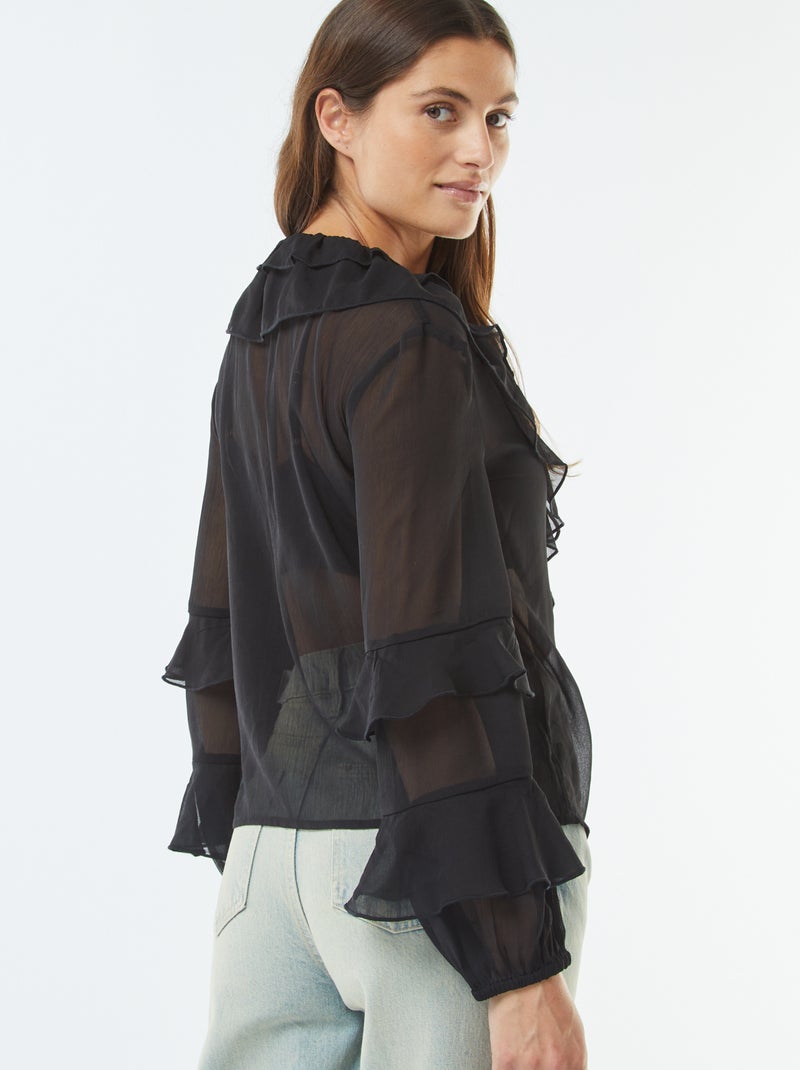 Blusa de manga comprida com folhos - Preto - Mulher - 18.00€ - Kiabi