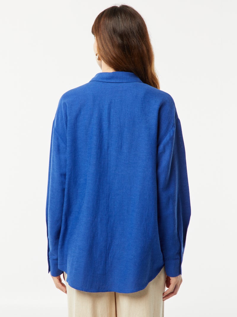 Camisa comprida com bolso frontal com 20% de linho - AZUL - Mulher - 18 ...