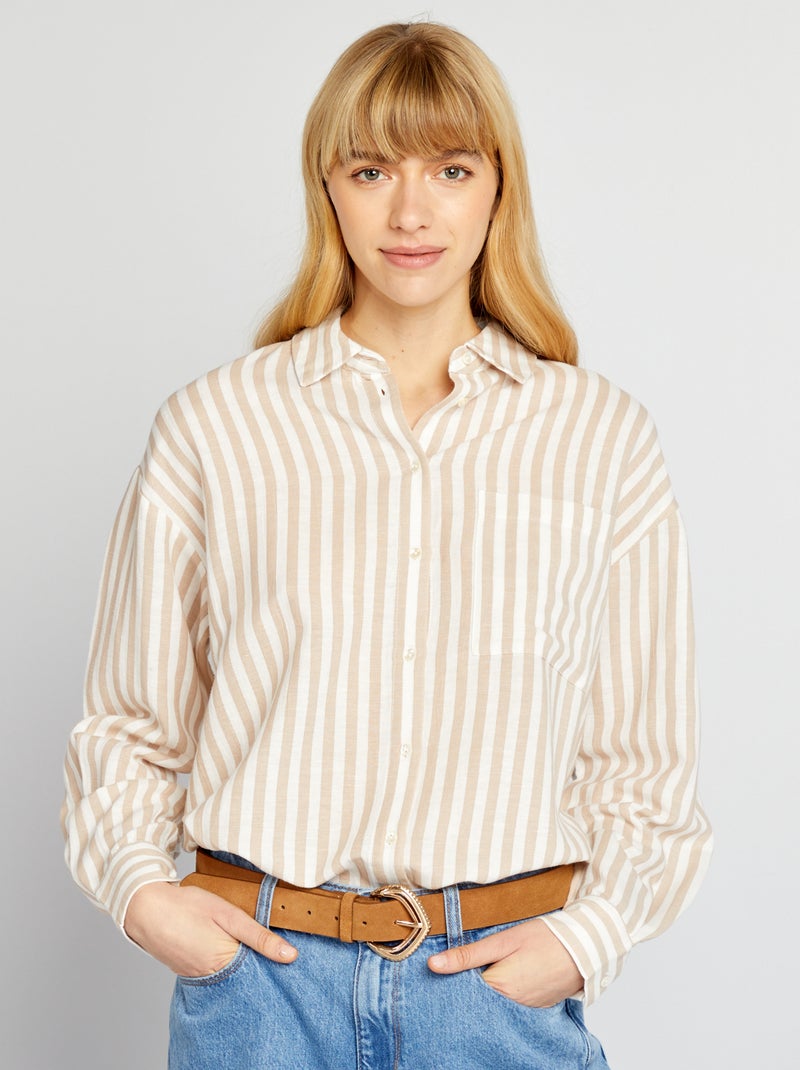 Camisa comprida com bolso frontal com 20% de linho - BEGE - Mulher - 18 ...