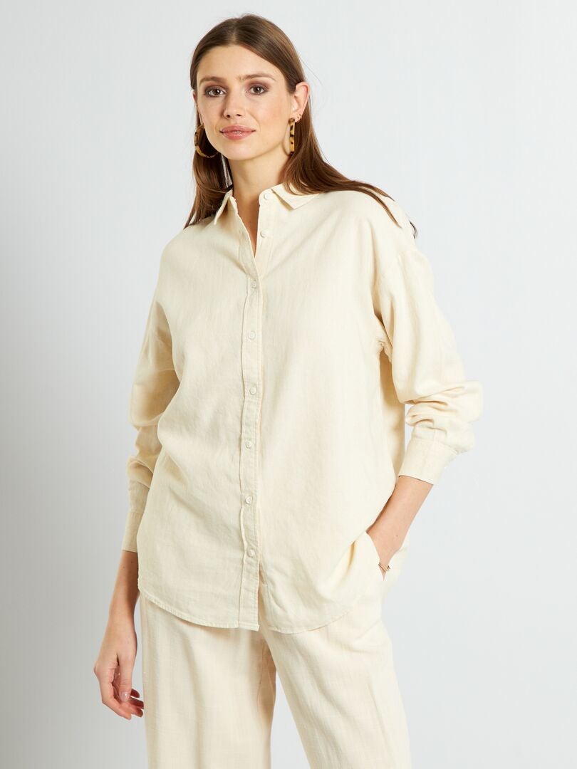 Camisa comprida em linho lisa - bege - Kiabi - 18.00€