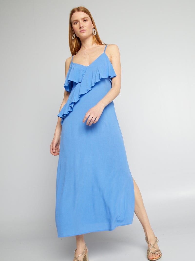Vestido comprido com folhos - AZUL - Mulher - 22.00€ - Kiabi